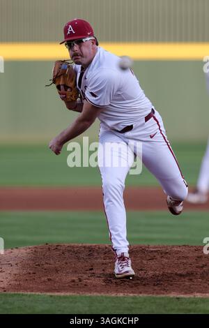 April 8, 2025: Razorback pitcher Colin Fisher (38) prepares to deliver ...