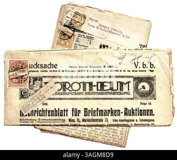 1920s Austrian newspaper with cancelled postage stamps for mailing ...