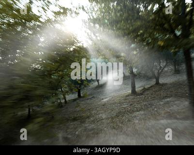 A drone shot over the Mediterranean and trees, buildings with mountain ...