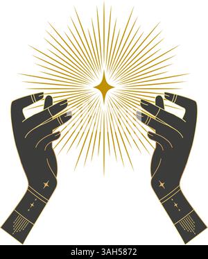 Mystical drawing, woman hands hold the sun. Circle of a phase of the ...