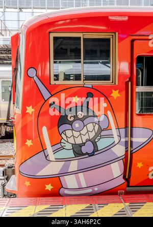 Characters decorating a JR Shikoku Anpanman train at Okayama Station in ...