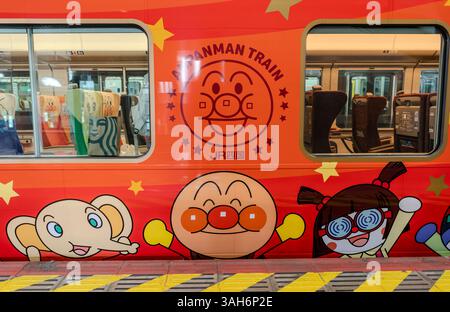 Characters decorating a JR Shikoku Anpanman train at Okayama Station in ...