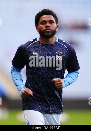 Coventry City's Jay Dasilva warming up before the Sky Bet Championship ...