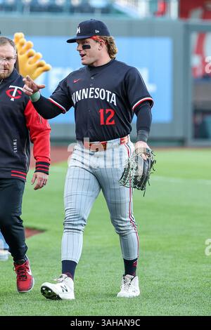 Minnesota Twins left fielder Harrison Bader (12) in the second inning ...