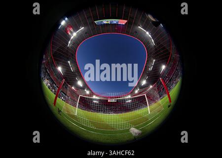 Overview, interior, floodlit match, behind-the-goal perspective, goal ...