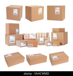 Many different parcels with shipping labels isolated on white, collage ...
