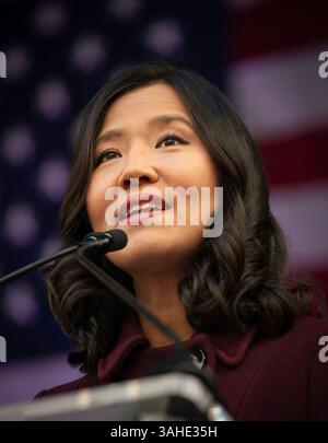 Boston Mayor Michelle Wu during a news conference, Tuesday, April 5 ...
