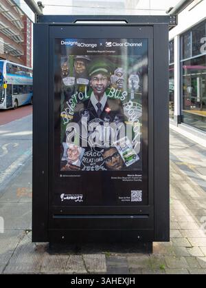 Artwork poster on bus shelter to commemorate 60 years since the Bristol ...