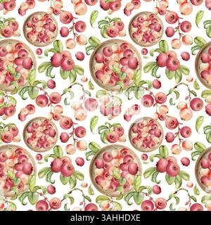 Cranberry lingonberry on ceramic plate, green leaves, scattered ripe ...