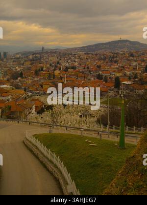 An aerial view of the cityscape of Sarajevo in Bosnia and Herzegovina ...