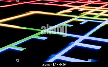 Abstract illustration of green neon grid networks against black ...
