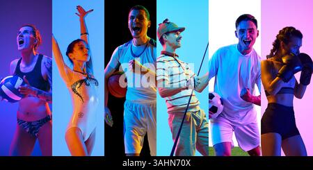 Collage. Kids and adults performing dynamic sport movements in studio ...