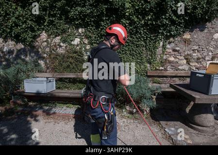 an Industrial climber or height worker working at great heights ...