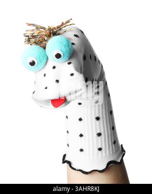 Cute sock puppet for show on hand against white background Stock Photo ...
