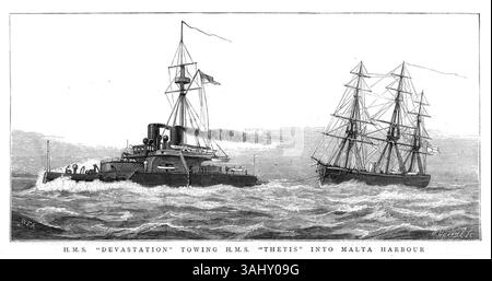 HMS 'Devastation' towing HMS 'Thetis' into Malta Harbour - The Graphic ...