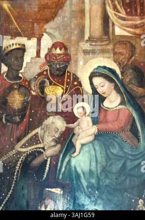 This artwork, titled 'Adoration of the Magi', depicts the biblical ...