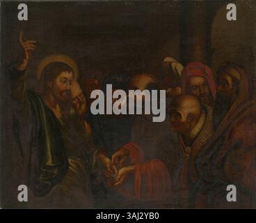 The painting 'Tribute Money' depicts the Biblical story of Jesus ...