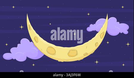 Crescent moon floating in starry night sky with clouds line ...