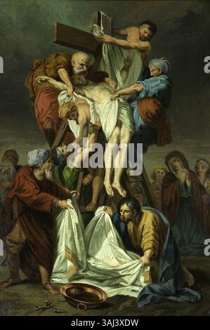 This artwork depicts the crucifixion of Christ, an iconic religious ...
