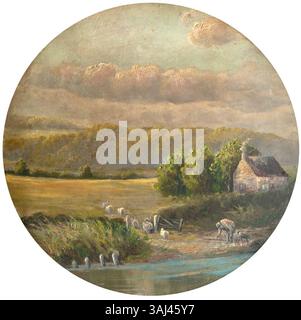 A pastoral scene depicting a shepherd with a flock of sheep in the ...