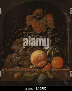 Depicts a still life by Abraham Mignon, c. 1675, showing fruit, fish, a ...
