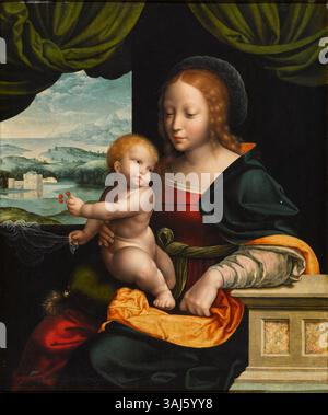 The Madonna of the Cherries, painted by Joos van Cleve between 1525 and 1549, depicts Mary with ...