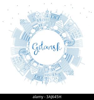 Outline Gdansk Poland city skyline with blue buildings. Vector ...