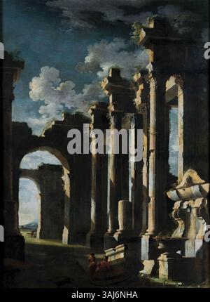 Gennaro Greco - Capriccio of classical ruins, with a port and boats ...