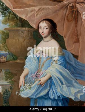 This 17th-century portrait attributed to the Beaubrun workshop depicts a woman accompanied by ...