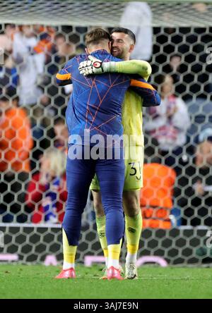 Rangers goalkeeper Liam Kelly (right) celebartes with goalkeeper Jack ...