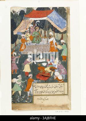 This painting portrays the Mughal Emperor Babur returning to his camp ...