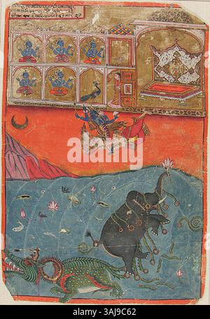 *Gajendra Moksha* depicts a scene from Hindu mythology where the ...