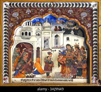This folk painting portrays Guru Nanak with his companions Bala and Mardana, depicting an ...