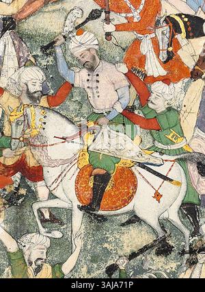 This scene from the 'Baburnama' manuscript illustrates the historical ...