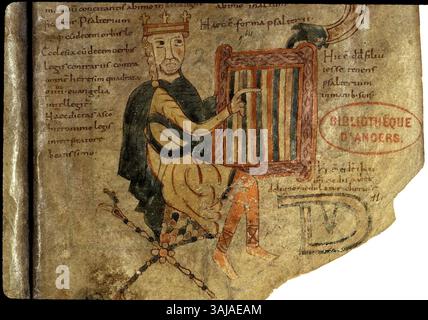 A page from the Benedictine Psalter (842-850), depicting men playing ...