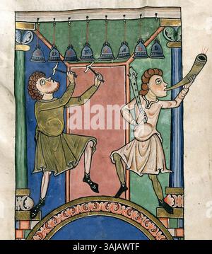 This 12th-century illustration from the *Worms Bible* shows King David ...