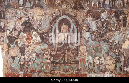 Mogao Cave 254, circa 470 CE, depicting the Attack of Mara. A vivid ...