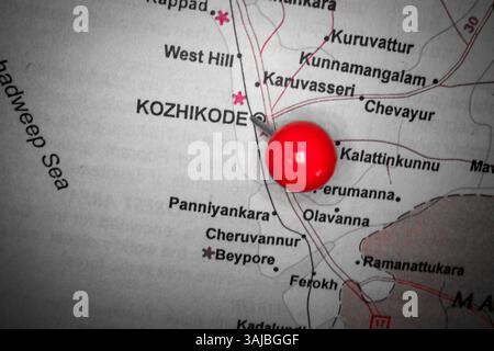 Calicut pinned on a map of India Stock Photo - Alamy