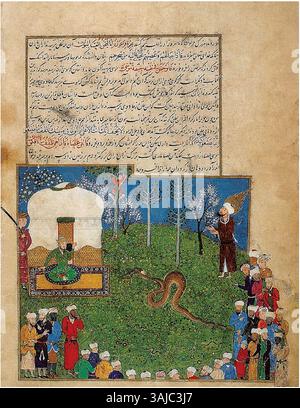 A scene from the 1470 manuscript of the Tarikh of Tabari, depicting the ...