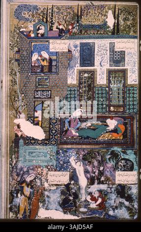 This artwork, ‘Bahram Gur in the Sandalwood Pavilion,’ illustrates a ...