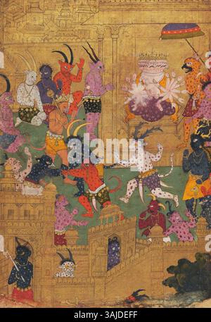 This painting depicts the Hindu epic Ramayana, showing Hanuman leading ...
