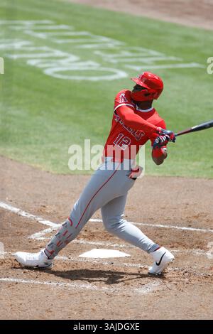 Los Angeles Angels' Jorge Soler reacts from the dugout before a ...