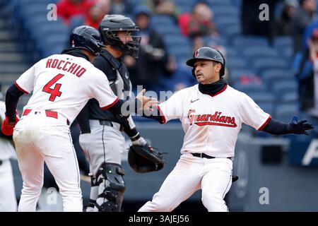 Cleveland Guardians' Brayan Rocchio celebrates after hitting a home run ...