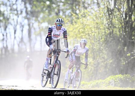 German Nils Politt of UAE Team Emirates pictured in action during stage ...