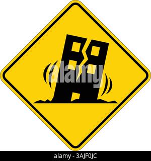 Earthquake warning sign in front of a damaged building with visible ...
