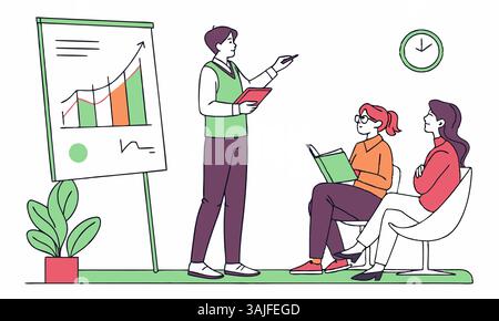 A presenter explains data on an easel board while two colleagues ...
