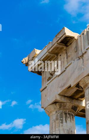Side view of an ancient Greek Doric temple with columns and entablature ...