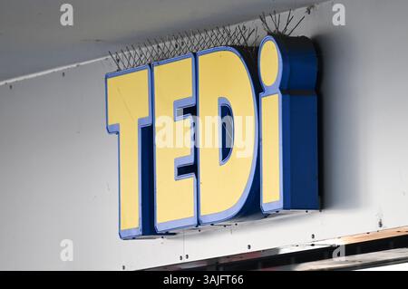 11 April 2025, Baden-Württemberg, Stuttgart: A logo of the Tedi retail ...