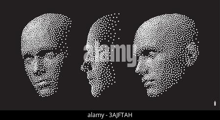 Three human faces constructing from particles. Network forming AI human ...