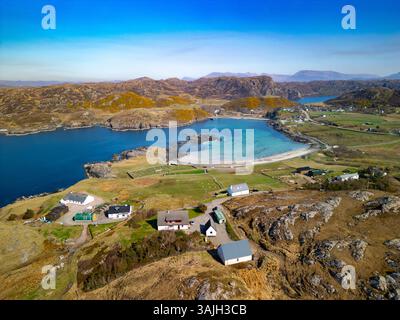 Aerial view of village and beach at Scourie, Scottish Highlands ...